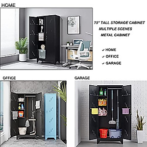Metal Garage Storage Cabinet, Cleaning Tool Storage Cabinet, Multifunctional Garage Storage Broom Closet with Doors, Handing Rod (Black, Door-2)