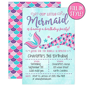 Your Main Event Prints Mermaid Birthday Invitations - Pink and Purple - 20 Fill-In Mermaid Party Invitations - Envelopes Not Included