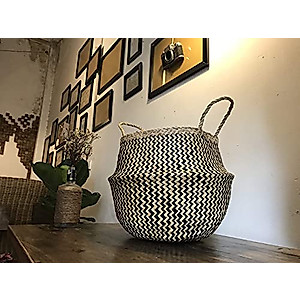 Natural Craft Seagrass Plant Basket for Storage Size (14x14x13 inches) - Style: Black Zigzag, Laundry, Picnic - Plant Pots Cover Indoor Home Decor - Hand Woven Straw Beach Bag with Handles M