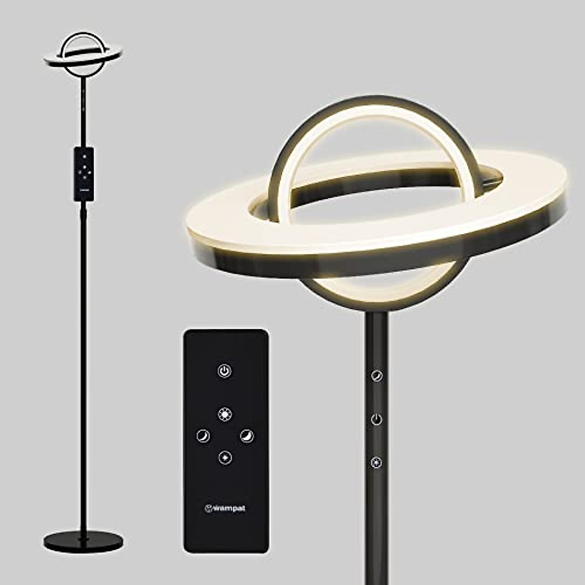 WAMPAT Floor Lamp,Black Bright Modern LED Floor Lamps,Tall Standing Lamp for Living Room,Bedroom,Remote&Touch Control Stepless Dimmable Light,Retractable Stand,2 Planet Idea Rotating Lights