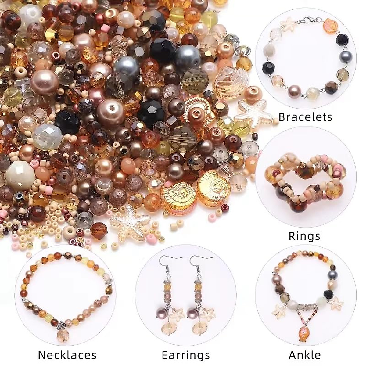 KINGSHINE 870pcs Craft Beads for Jewelry Making, Glass Beads for Bracelets Making Kit with Loose Spacer Beads, Including Fish/Shells/Starfish/Snails Beads, Gift for Her (Amber Color)