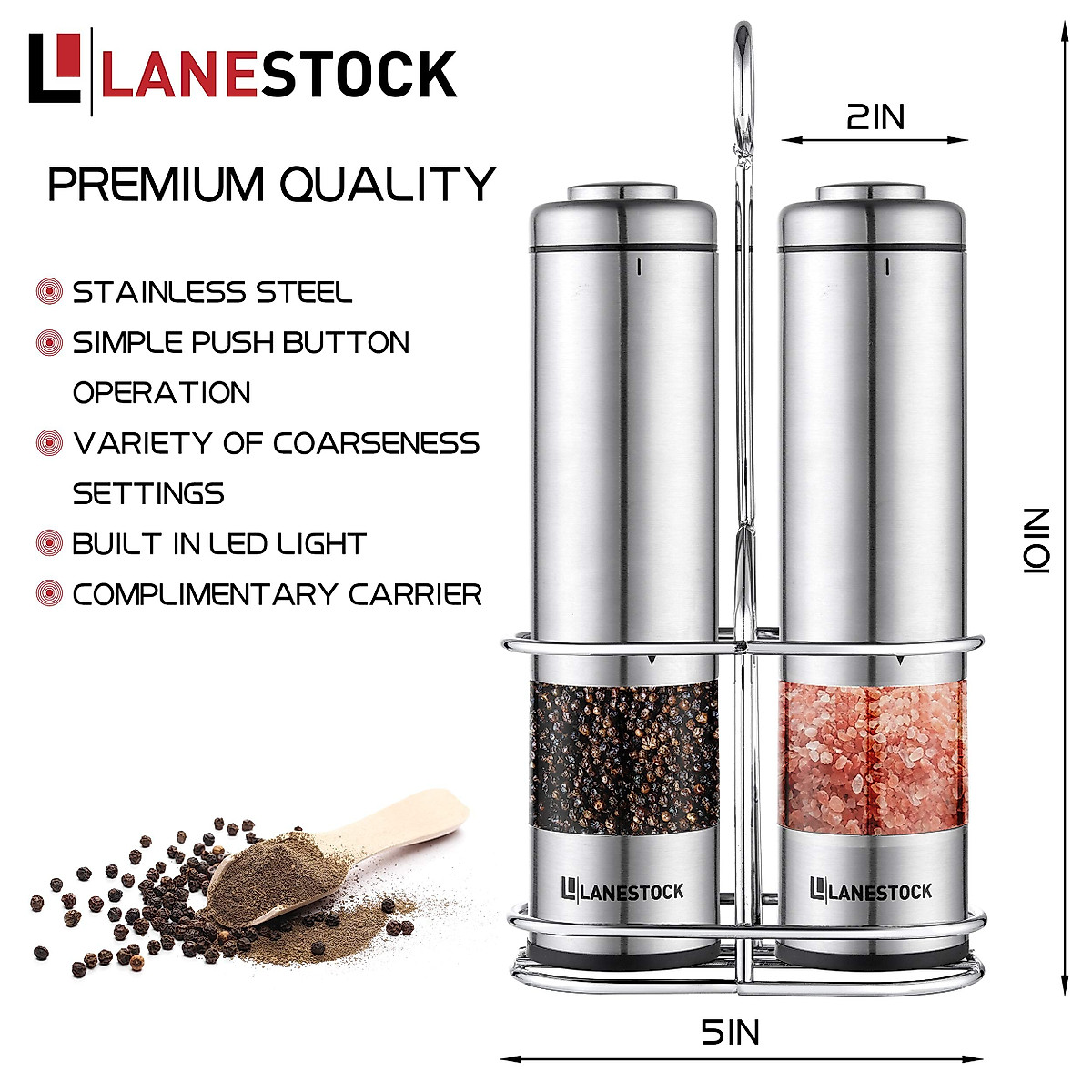 Electric Salt and pepper grinder by Lanestock - Combo set of battery operated stainless steel spice grinders with stand - LED light and adjustable knob on each mill - Powerful motor - long life-span