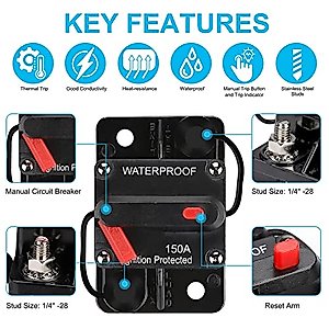 150 AMP Fuse Holders,Audio Circuit Breaker,Reset Fuse Inverter, 12V-48V DC Fuse Holder,Replace Fuses,with Reset Button,for Automotive Marine Boat Audio System Current Overload Protection