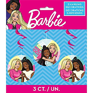 Barbie Birthday Party Supplies Bundle includes 1 Happy Birthday Banner, 3 Hanging Swirl Decorations, 1 Dinosaur Sticker Sheet