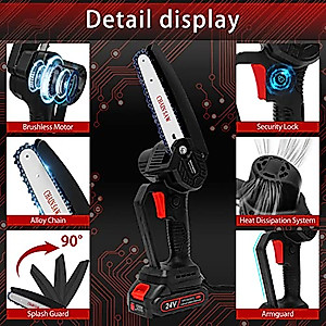 Mini Chainsaw 6-Inch with 2Pcs Battery, Brushless chainsaw with Safety Lock, Cordless hand saw with 2 chains, Handheld Small Chainsaw for Gardening Tree Branch Trimming (Black)