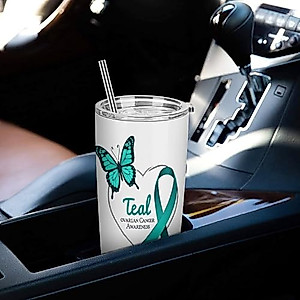 Teal Ribbon Butterfly Heart Ovarian Awareness 20 OZ Stainless Steel Tumbler Travel Car Coffee Mug with Straw Lid Cleaning Brush Coffee Tumbler Mug for Women Men