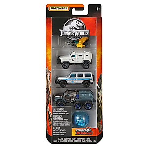 Matchbox Jurassic World 1:64 Die-cast Vehicle & Dinosaur 5-Packs, 5 Cars & 1 Mini Figure, Toy Set & Collectible