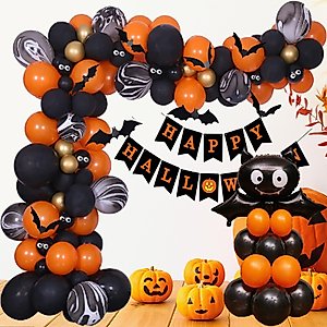 127Pcs Halloween Balloons Arch Garland Kit, Black Orange Latex Balloons Large Bat Balloon With Halloween Banner For Halloween Party Decoration, Halloween Party Supplies