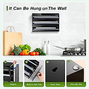 3 in 1 Acrylic Plastic Wrap Dispenser with Slide Cutter and Holder, Saran Wrap, Aluminum Foil and Parchment Paper Organizer Holder for Kitchen Drawer, Fits 12" Roll, Black