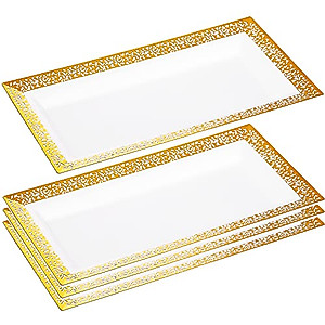 Disposable Serving Trays and Platters Set, Pack of 4 - 7.5 x 14 Inches White Plastic Rectangular Tray with Gold Lace Rim - Decorative Plastic Dessert Trays for Dessert Table, Parties, Weddings