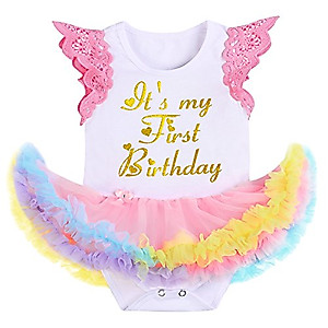 ODASDO Baby Girl First Birthday Outfit Rainbow Tulle Vest Tutu Princess Romper Dress Bodysuit Tiara Crown Headband Shoes 3pcs Cake Smash Set Photo Props Pink 6-12 Months