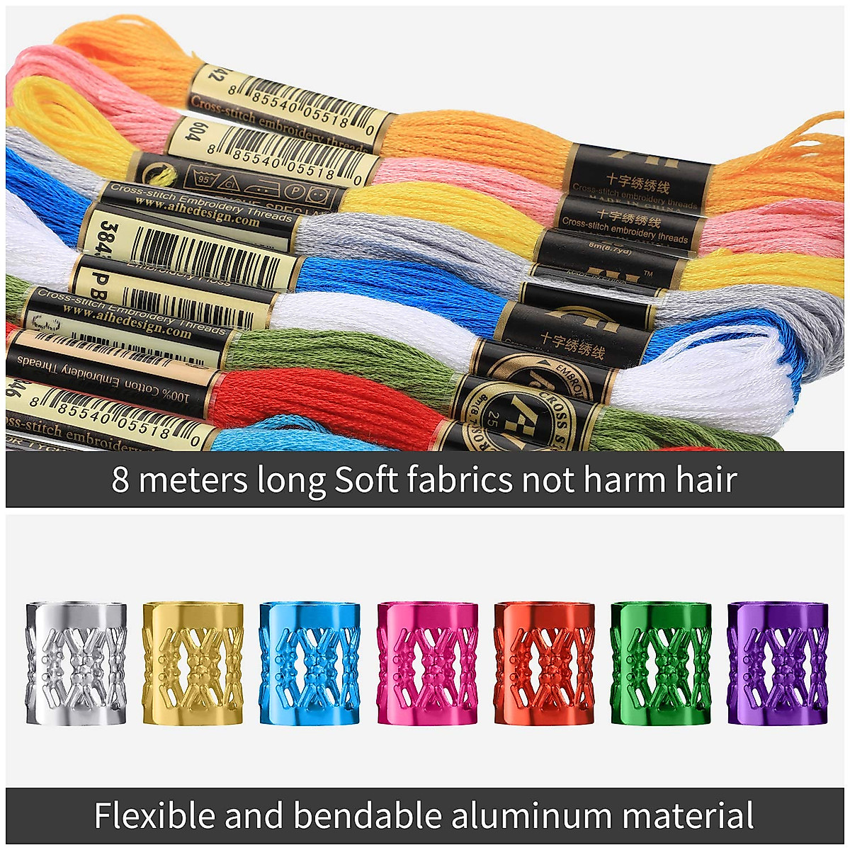 162 Pieces Hair Accessory Set - 12 Braiding Strings for Hair and 150 Metal Cuffs in Colorful Designs