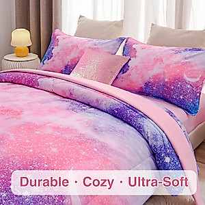 A Nice Night Galaxy Bedding Sets Outer Space Comforter 3D Printed Space Quilt Set Full 6Pcs Glitter Pink,for Children Boy Girl Teen Kids