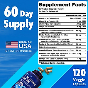 Testosterone Booster Supplement for Men - Male Enhancing Test Boost - Ashwagandha, Tongkat Ali, Rhodiola, Tribulus, Vitamin D3, B6, B12 - Workout, Muscle Builder, Strength, Energy, Performance - 120ct