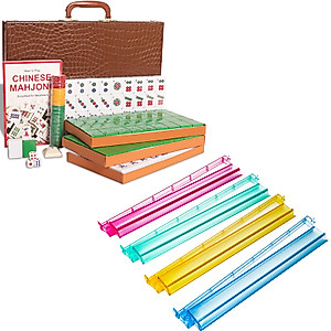 Chinese Mahjong Game Set, with Large (1.5") 144 Numbered Melamine Green Tiles, 2 spare tiles, 3 Dice and a Wind Indicator, 4 All-in-One Tile Rack&Pusher, Carrying Travel Case with English Instruction