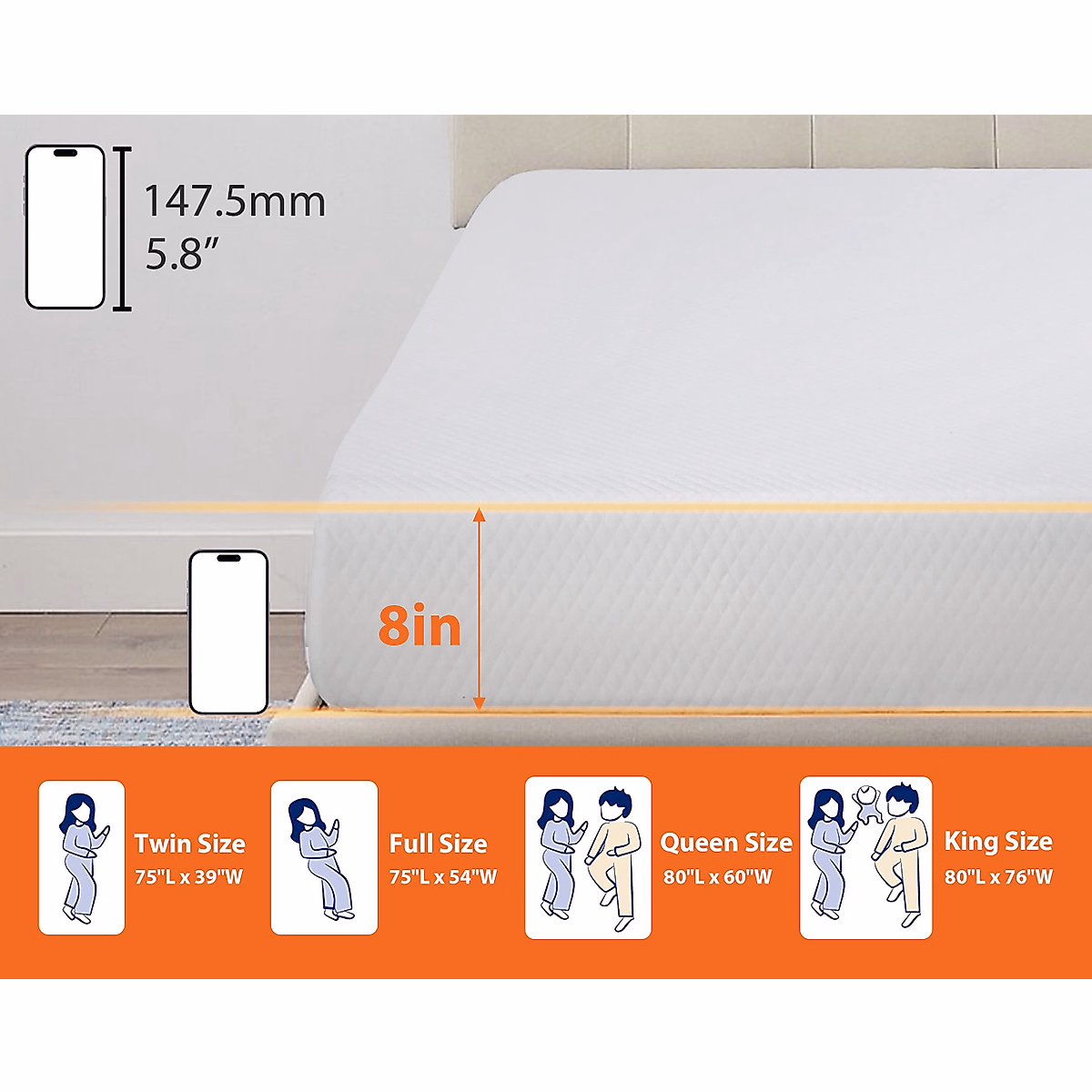 HWGEBY 8 Inch Full Size Mattress in a Box, Memory Foam Mattress Certipur US Certified, Cooling Gel Mattress for Sleep and Pressure Relief, Medium Firm Mattress with Cover