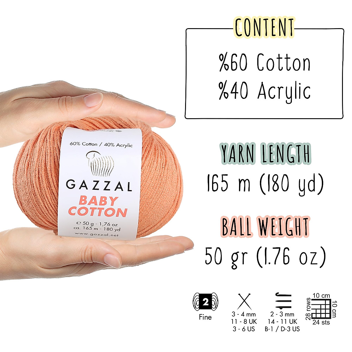 5 Skein (Pack) Total 8.8 Oz. Gazzal Baby Cotton Each 1.76 Oz (50g) / 150 Yrds (165m) Soft, Fine Baby Yarn, 60% Cotton (Black - 3433)