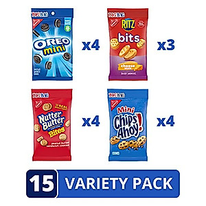 OREO Mini Cookies, CHIPS AHOY! Mini Cookies, Nutter Butter Bites & RITZ Bits Cheese Crackers Variety Pack, 15 Big Bags (assortment may vary)