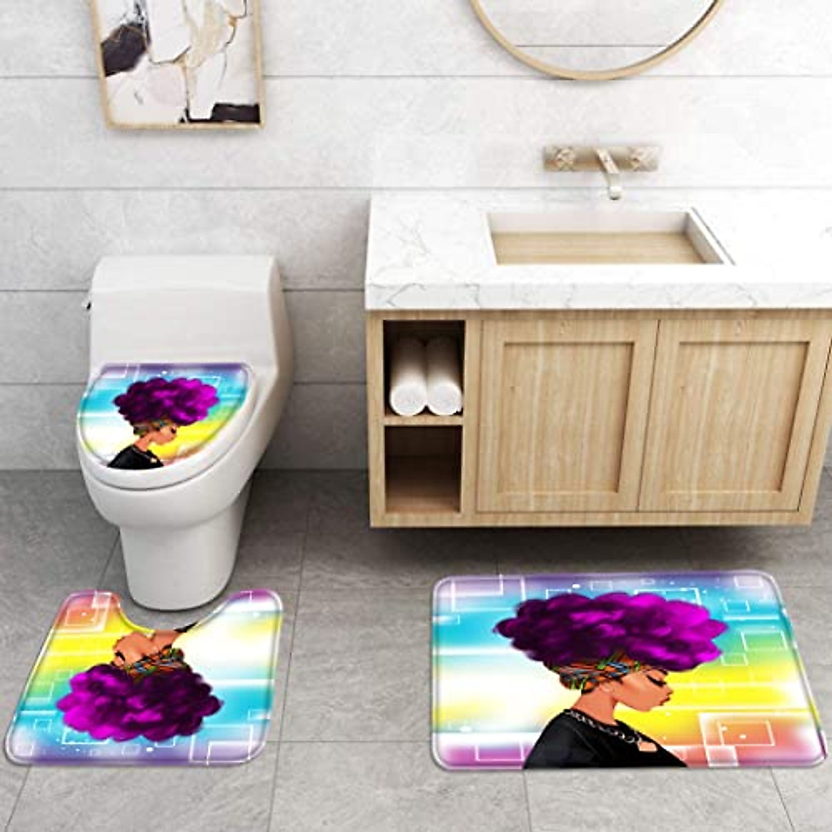 Black African Girl Bathroom Sets with Shower Curtain and Rugs, African American Shower Curtains Set for Bathroom, Shower Curtain Set with Hooks and Toilet Lid Cover(Violet)