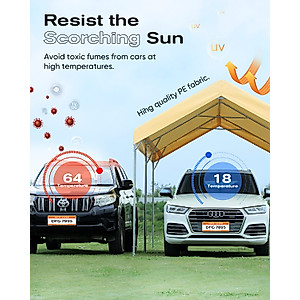 FINFREE Carport 10 x 20 ft Heavy Duty Carport with 4 Sandbags, Car Canopy for Auto, Boat & Market Stall, Adjustable Height from 9.5 ft to 11 ft,Beige