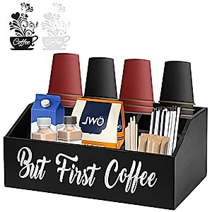 Coffee Station Organizer With 2 Coffee Tea Sign Stickers |Wooden Coffee Bar Bin Box, Farmhouse Coffee Caddy Countertop Decor, Coffee Pod Holder , Wooden Decor for Coffee Lover (Black)