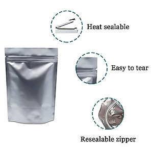 FERENLI 100 Pieces Silver 5.5x7.9 inch Pure Aluminum Foil Stand Up for Zip Mylar Bags Lock Long Term Food Storage Resealable Zipper Lock Bag Heat Seal Airtight Packaging Pouch