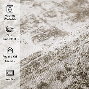 PureCozy Vintage Area Rug 8x10 Indoor Bedroom Rug Taupe Medallion Washable Living Room Carpet Retro Accent Throw Rug Distressed Rug for Office Dining Room Nursery