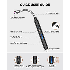 RONXS Lighter Electric Lighter, Candle Lighters USB Rechargeable Arc Lighter with Hanging Hook, LED Battery Display Long Lighters for Candle Grill BBQ Home Outdoor
