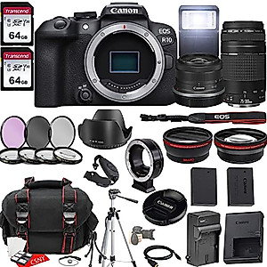 Canon EOS R10 Mirrorless Camera w/RF-S 18-45mm f/4.5-6.3 is STM Lens + EF 75-300mm f/4-5.6 III Lens + 2X 64GB Memory + Hood + Case + Filters + Tripod & More (35pc Bundle)