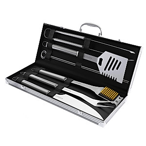7-Piece Stainless-Steel BBQ Cooking Utensils Set - Barbecue Grill Accessories with Aluminum Portable Handled Storage Case by Home-Complete (Silver)