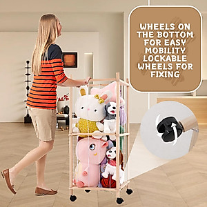 Stuffed Animal Storage, Stuffed Animal Zoo Wood Storage Box with 360° Brake Wheels, Toy Organizer Plush Toy Holder Nursery Room Organizer Zoo Cage for Kids Playroom, Bedroom, Nursery