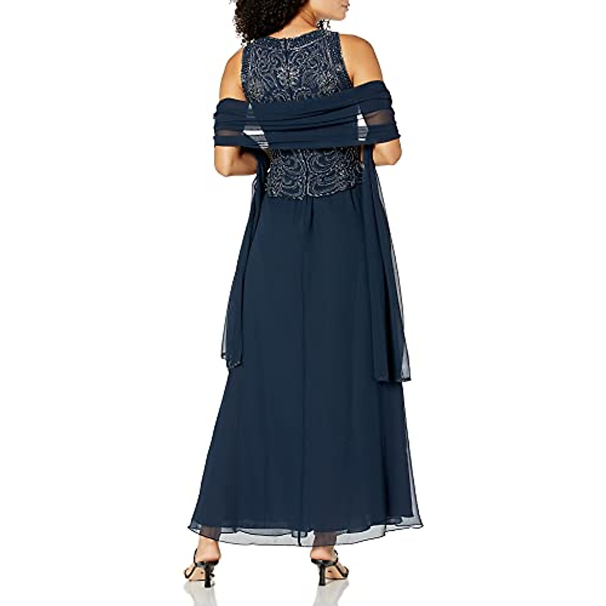 J Kara Women's Sleeveless Scallop Long Beaded Dress W/Scarf, Navy/Grey, 12