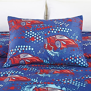 Red Race Cars print Comforter Set for Boys Girls teen, Twin size bedding for race car fan, include comforter fitted sheet, pillow sham and plush car shape pillow (Race Car Red, Twin)
