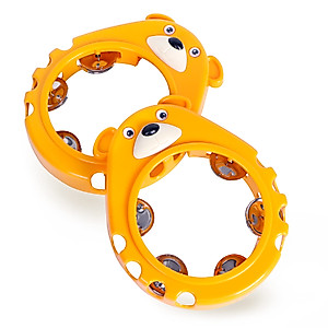 YONTY Hand Tambourine Bells, 2 Pack Yellow Bear Plastic Musical Percussion, Cartoon Pattern Kids Tambourines Rhythm Toys, Lovely Jingles Music Instrument for Christmas Birthday Gift