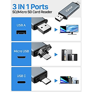 Vanja SD Card Reader, 3 in 1 USB/USB C/Micro USB Micro SD Card Reader Adapter for Mac, MacBook, iPhone 15, Camera, Android Phone, PC, Laptop, Supports Memory Card SD/Micro SD/TF/SDHC/SDXC/MMC