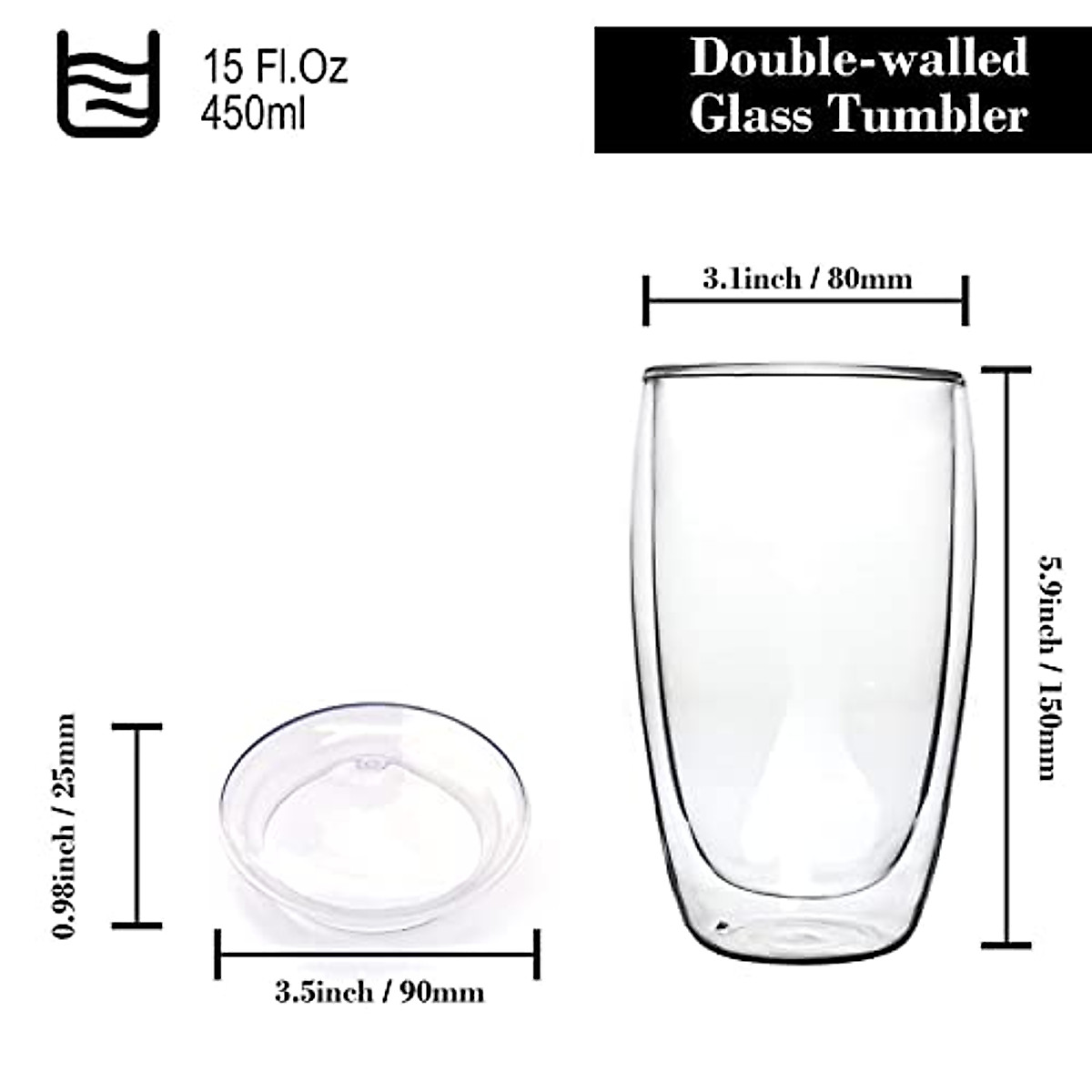 ZHMTang 1 Piece of Double-walled Borosilicate Glass Mug Tumbler for Coffee, Milk, Tea (15 Oz Glass lid)