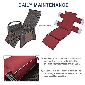 Skypatio Outdoor Patio Recliner Chair, Independently Adjustable Backrest and Footrest All-Weather Wicker Patio Reclining Lounge Chair with Flip Side Table, Red