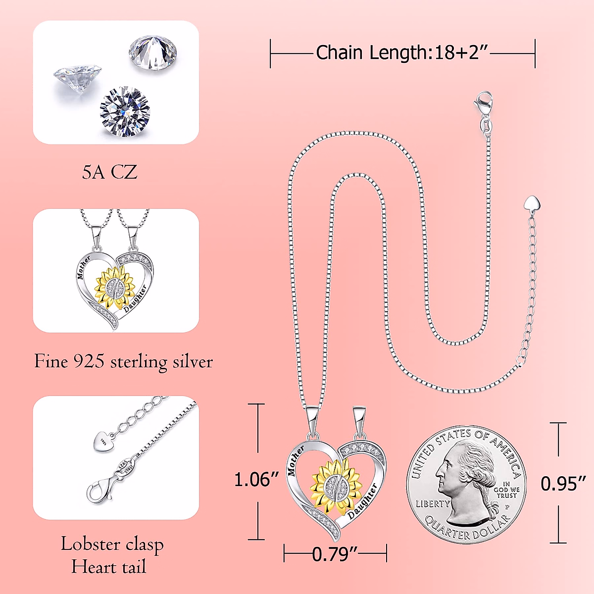 CUSUA Mother Daughter Necklace 925 Sterling Silver Sunflower Heart Matching Pendant Necklace Set for 2 | Mothers Day Gifts From Daughter Unique