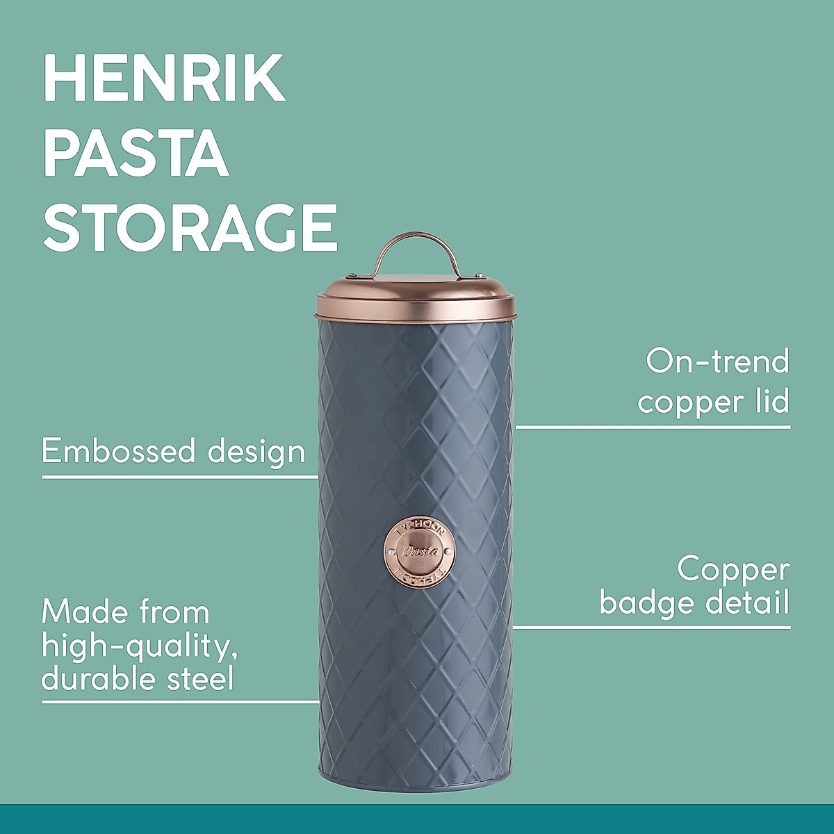 Typhoon 1401.664 Henrik Storage Canister | Hardwearing Coated Steel Tinware with Copper Lid and Badge | Keeps Pasta Fresh for Longer | Grey, 110mm x 110mm x 270mm