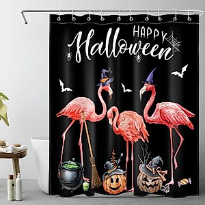 LB Happy Halloween Shower Curtain for Bathroom,Pink Flamingo and Orange Pumpkin with Magic Hat Broom Fabric Shower Curtain with Hooks,Horror Holiday Black Bathroom Curtain Shower Set, 60x72 inches