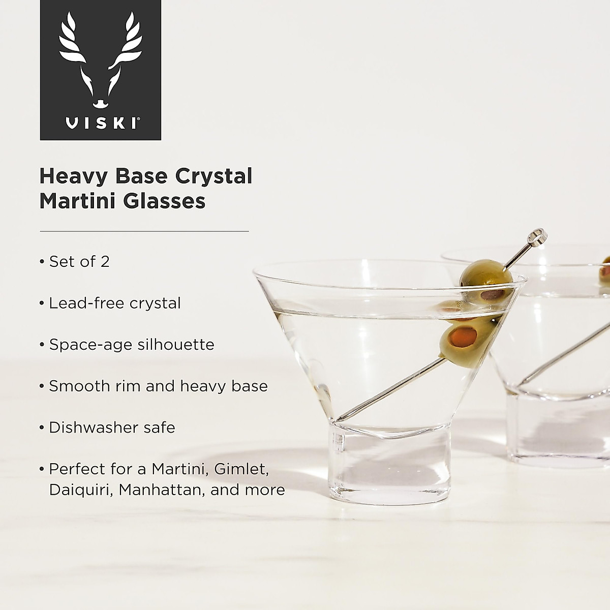 Viski Heavy Base Stemless Martini Glasses Set of 2 - Premium Short Crystal Cocktail Glass Gift Set, 7.5 oz.