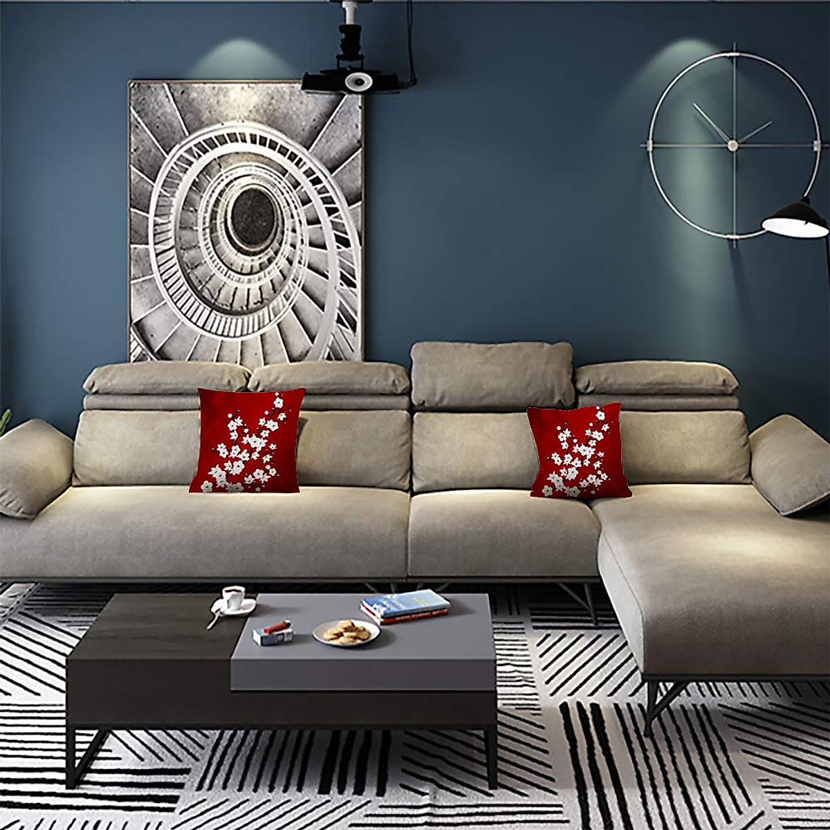 Ofocam Floral Throw Pillow Cover Red Black and White Cherry Blossoms Square Decorative Throw Pillow Cushion Case for Home Couch Living Room Bed Sofa Car 18 x 18 Inches Pillowcase