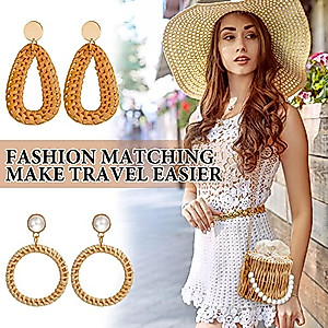 9 Pcs Women&#039;s Pearl Straw Bags Rattan Earrings Summer Beach Handbags Woven Wicker Bucket Tote Bag Straw Wicker Braid Hoop Drop Dangle Bohemian Earrings