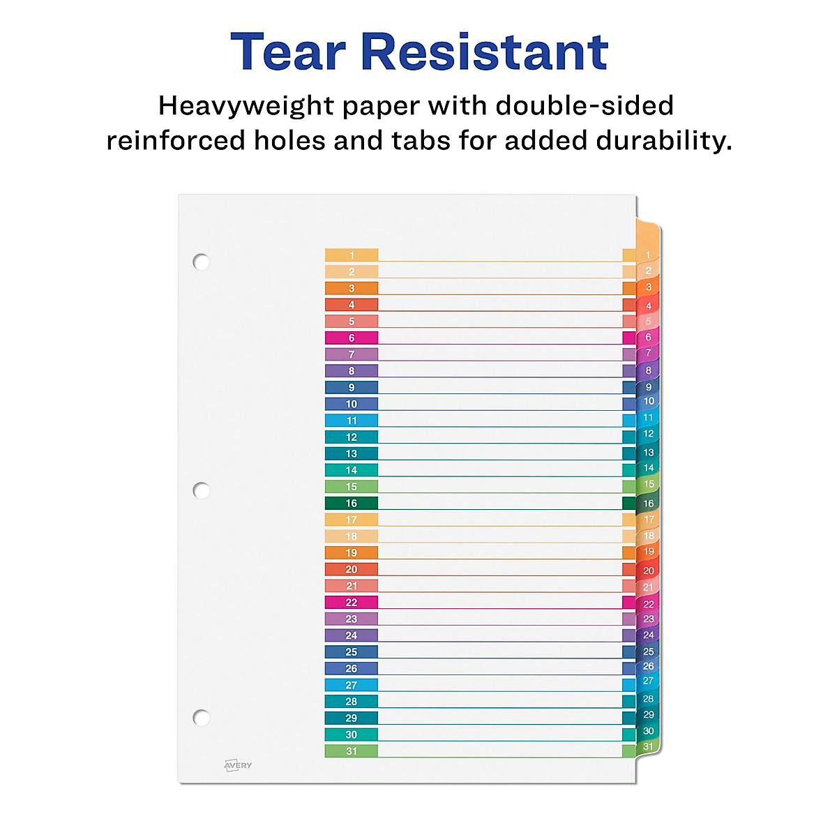 Avery 31-Tab Dividers for 3 Ring Binders, Customizable Table of Contents, Multicolor Tabs, 12 Sets (11129)