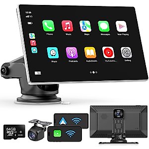 Portable Apple Carplay Screen for Car, 9" Wireless Apple Carplay & Android Auto,4K Dash Cam,1080p Backup Camera DVR,Car Audio Receivers GPS Navigation Mirror Link, Bluetooth,FM, Siri