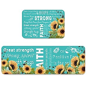 Sunflowers Hope Kitchen Rugs and Mats 2 Pieces,Positive Attitude Words Turquoise Decorative Carpet Floor Mat for Home Area Runner Non Slip Doormat