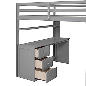 Harper & Bright Designs Full Size Loft Bed with Desk and Wardrobe, Wooden Full Loft Bed with Storage Drawers for Girls Boys Teens,No Box Spring Needed,Grey