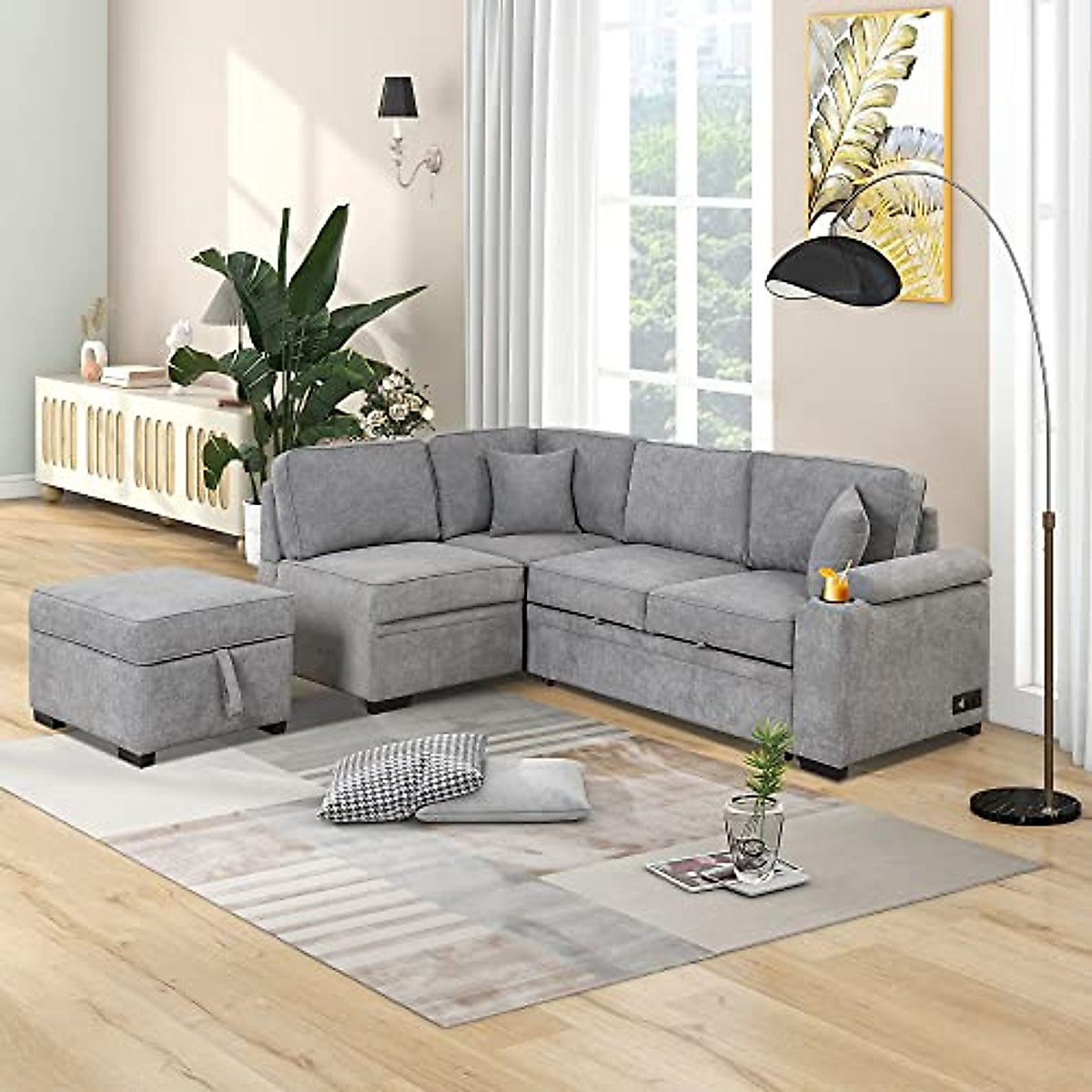 Harper & Bright Designs 87.4" Sleeper Sofa Bed, 2 in 1 Pull Out Sofa Bed L-Shape Couch with Storage Ottoman for Living Room, Bedroom and Small Apartment, Gray
