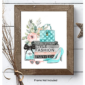 Blue High Fashion Wall Art - Designer Handbag, Purses, Shoes, Perfume - Glam Wall Decor - Luxury Gift for Women - Cute Bathroom decoration Teens Room, Girl Bedroom - Boho-chic Shabby chic Poster