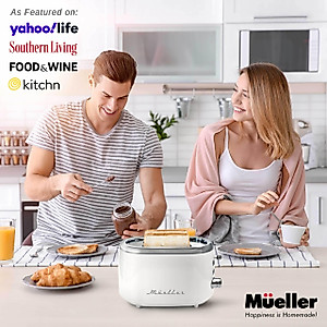 Mueller Retro Toaster 2 Slice with 7 Browning Levels and 3 Functions: Reheat, Defrost & Cancel, Stainless Steel Features, Removable Crumb Tray, Under Base Cord Storage, White